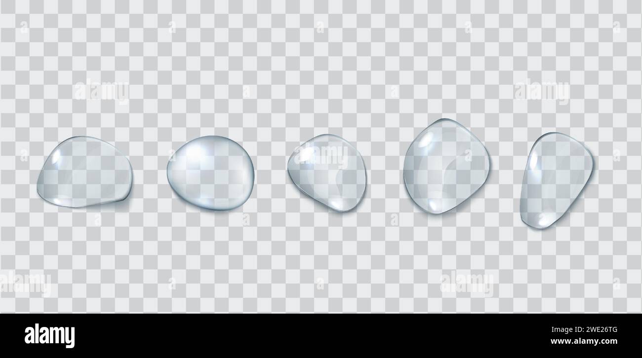 Clear liquid blobs group realistic vector illustration set. Irregular ...