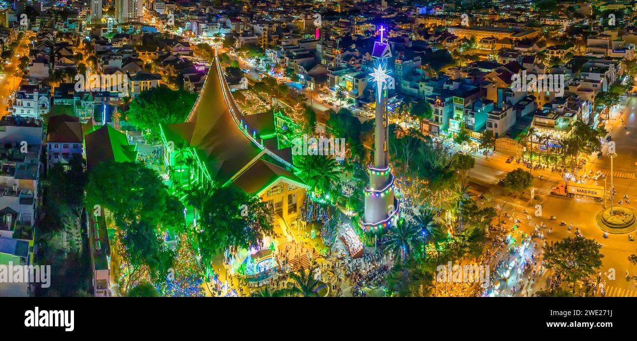 Aerial view of Phaolo Cathedral with Christmas tree lighting, belfry ...