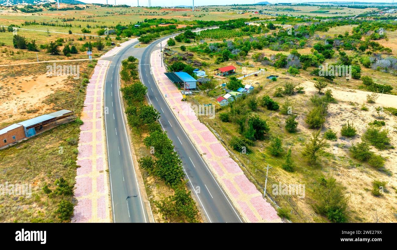 Aerial view of highway in the desert, Mui Ne, Vietnam. This is ...