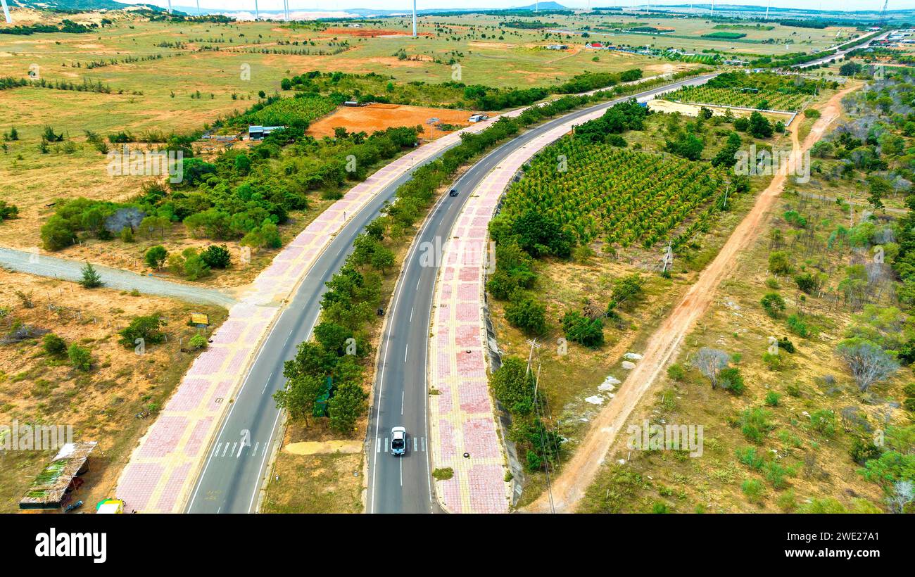 Aerial view of highway in the desert, Mui Ne, Vietnam. This is ...