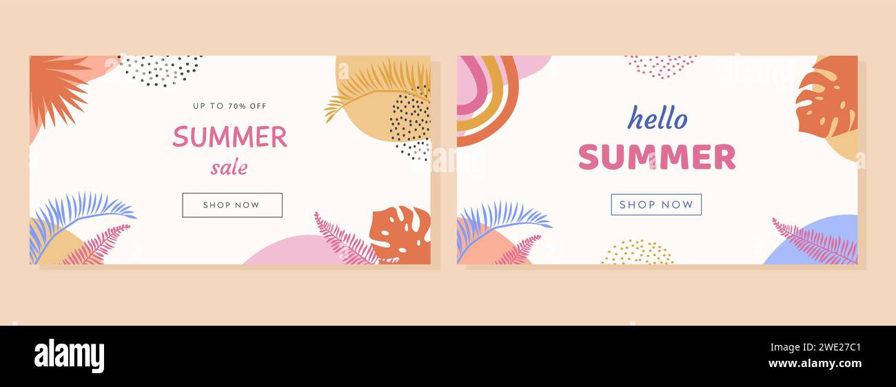 Colorful summer banner set with tropical leaves. Trendy abstract ...