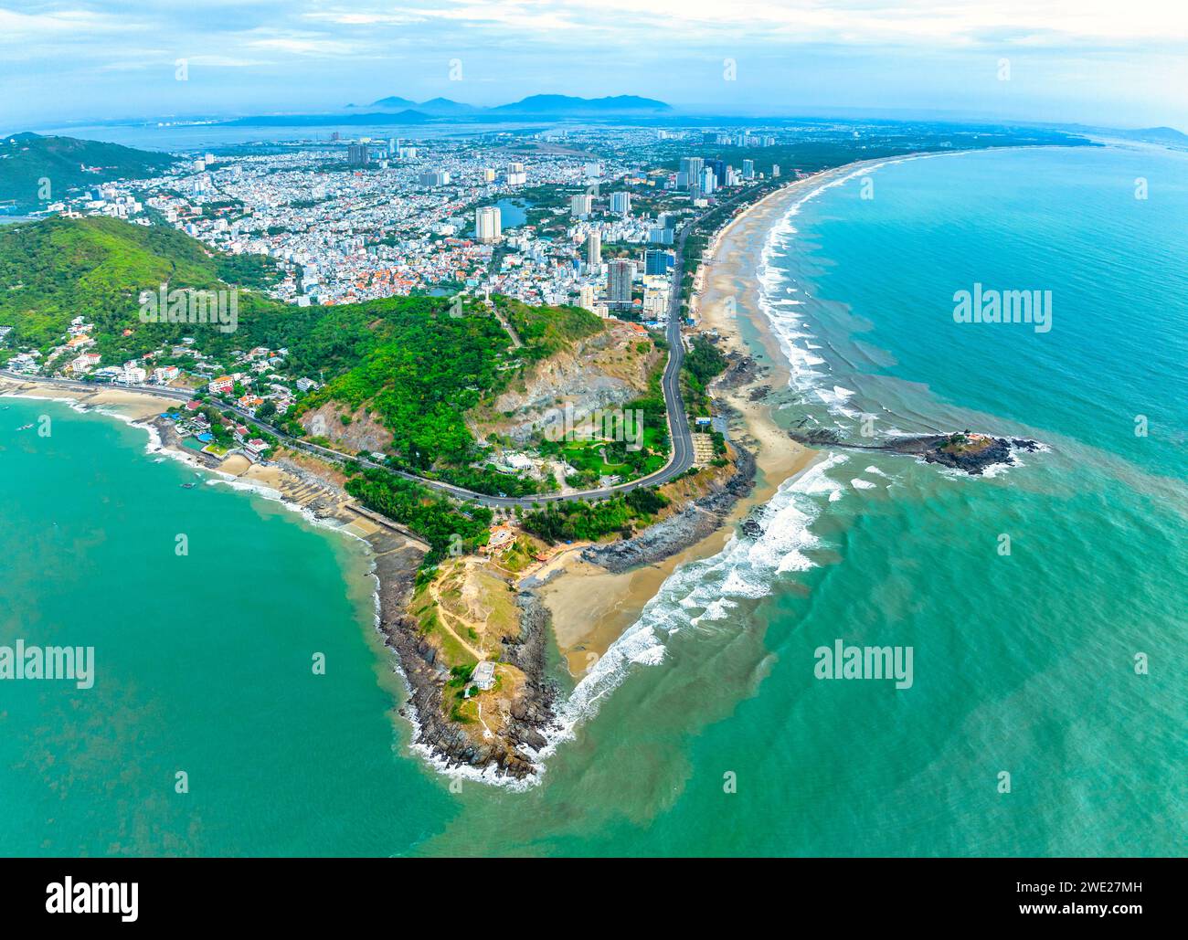 Vung Tau city aerial view with beautiful sunset and so many boats ...