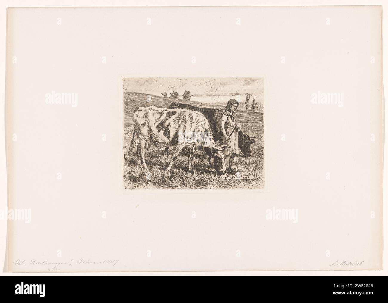 Girl with two cows, Albert Heinrich Brendel, 1887 print Weimar paper ...