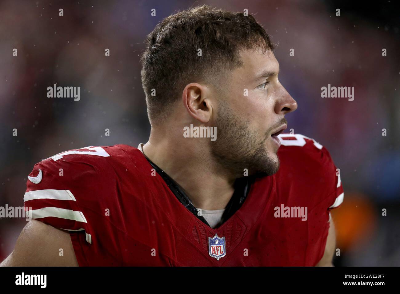 San Francisco 49ers defensive end Nick Bosa (97) stands on the sideline ...