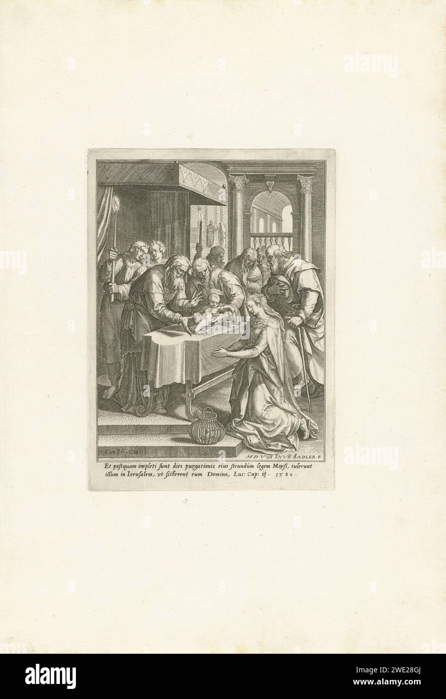 Presentation in the Temple, Johann Sadeler (I), After Maerten de Vos, 1580 print The interior of ...