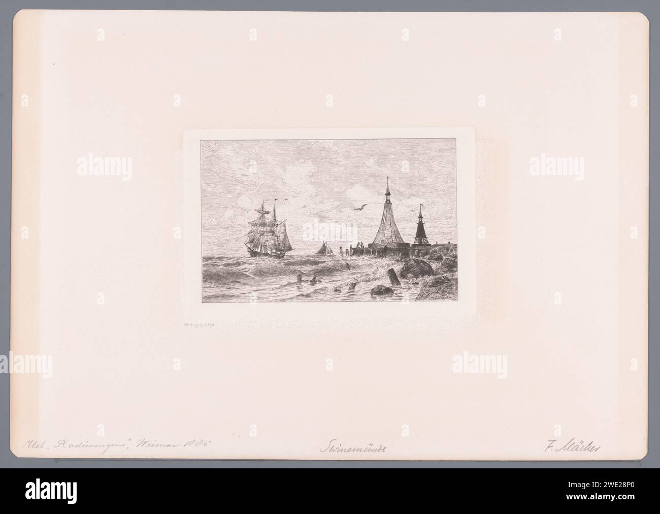 Coastal landscape with two sailing boats and two lighthouses, Franz ...