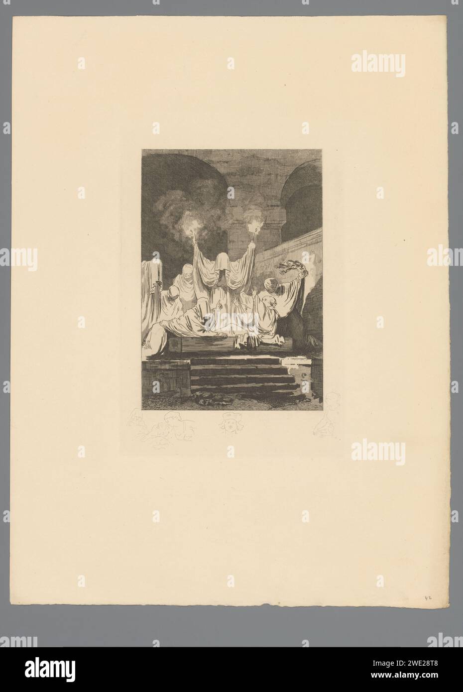 Reproduction from a print to a drawing of veiled figures with torches ...