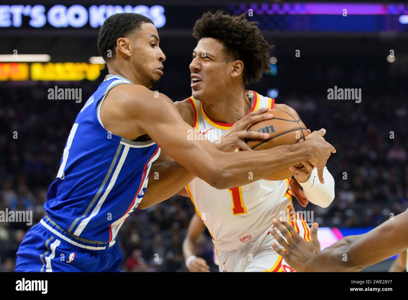 Sacramento Kings forward Keegan Murray, left, guards Atlanta Hawks ...