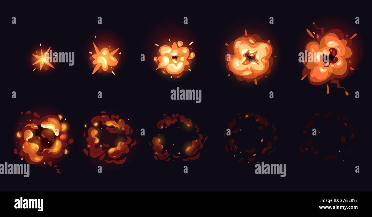 Explosion cartoon animation. Smoke and fire animation frame by frame, comic game asset of bomb ...