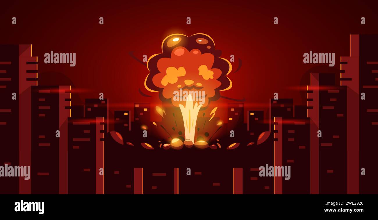Cartoon explosion in city. Nuclear armageddon with fire and smoke in ...