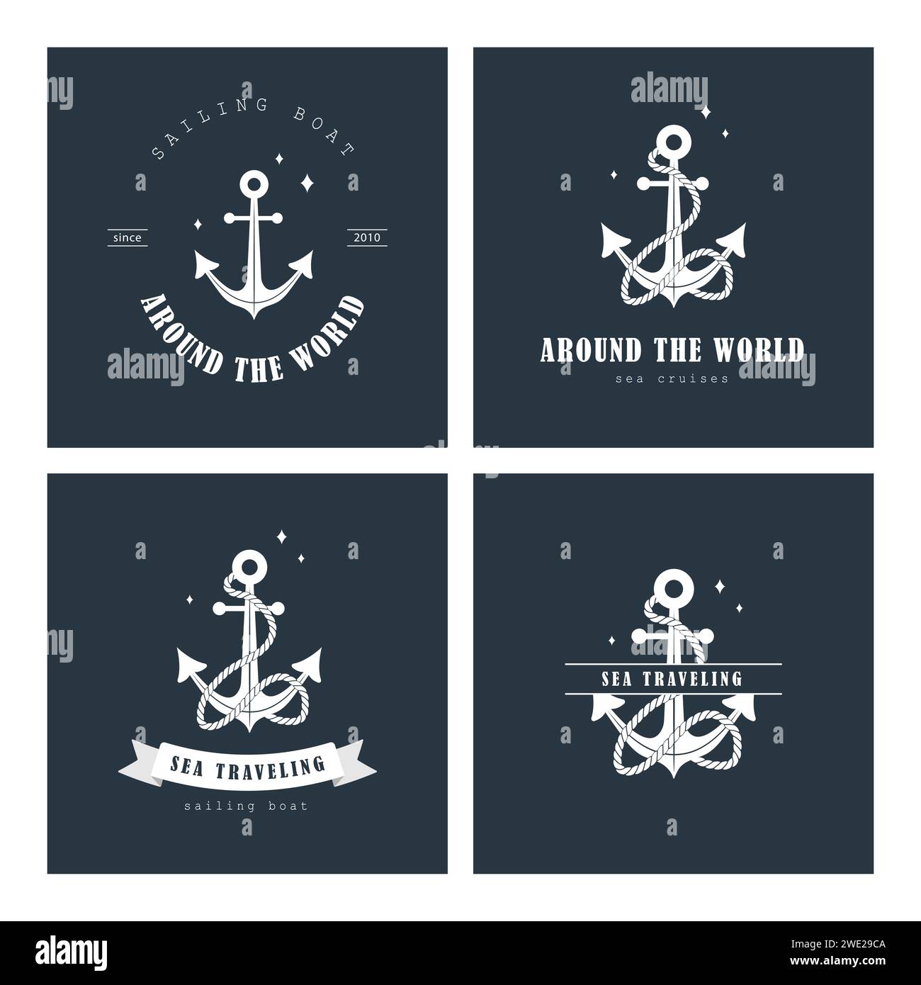 Set of sea traveling logos. Vintage stamps with anchor icons. Maritime ...