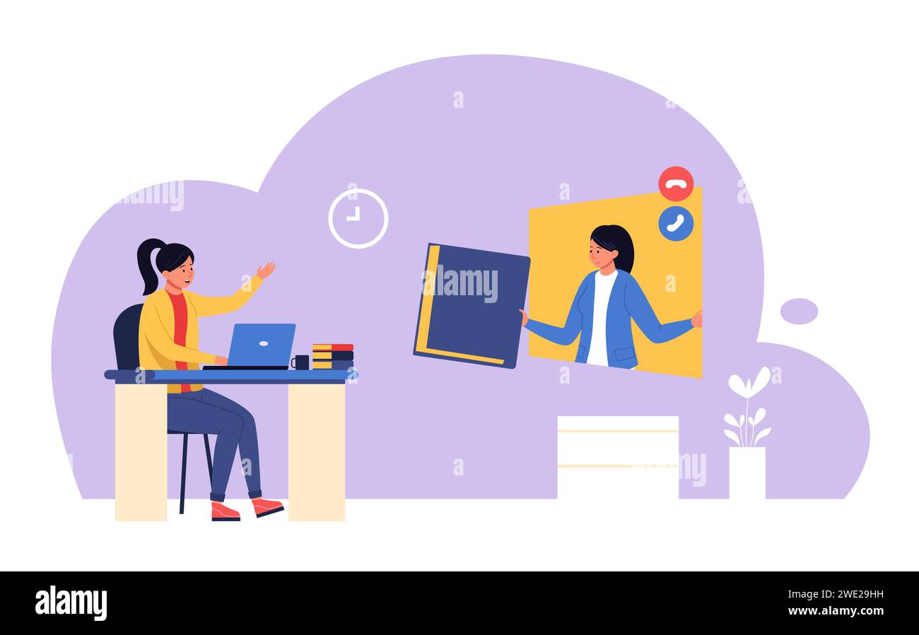 Online course. Student sitting at desk with laptop watching at screen ...