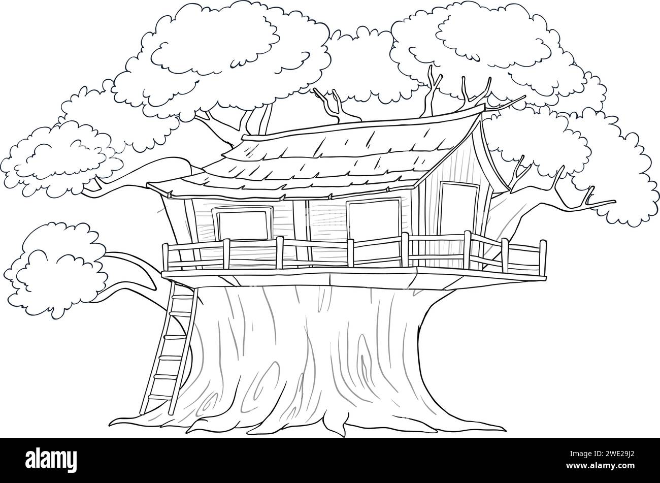 Black and white illustration of a whimsical treehouse Stock Vector ...