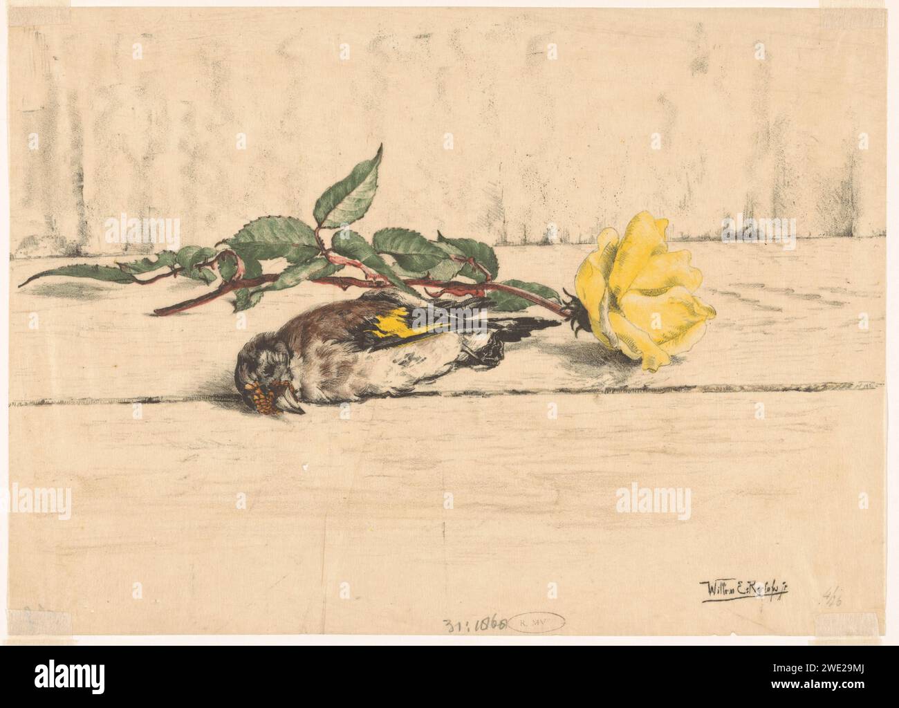 Dead Putter lying next to a rose, Willem Roelofs (II), 1884 - 1931 ...