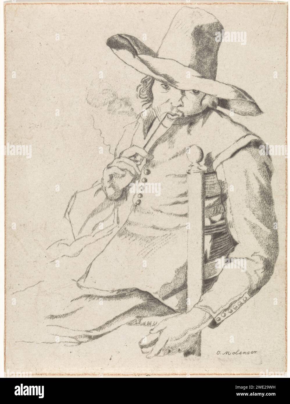 Pipe smoking man with top hat on a chair, Rudolphus Sondagh, after Jan ...