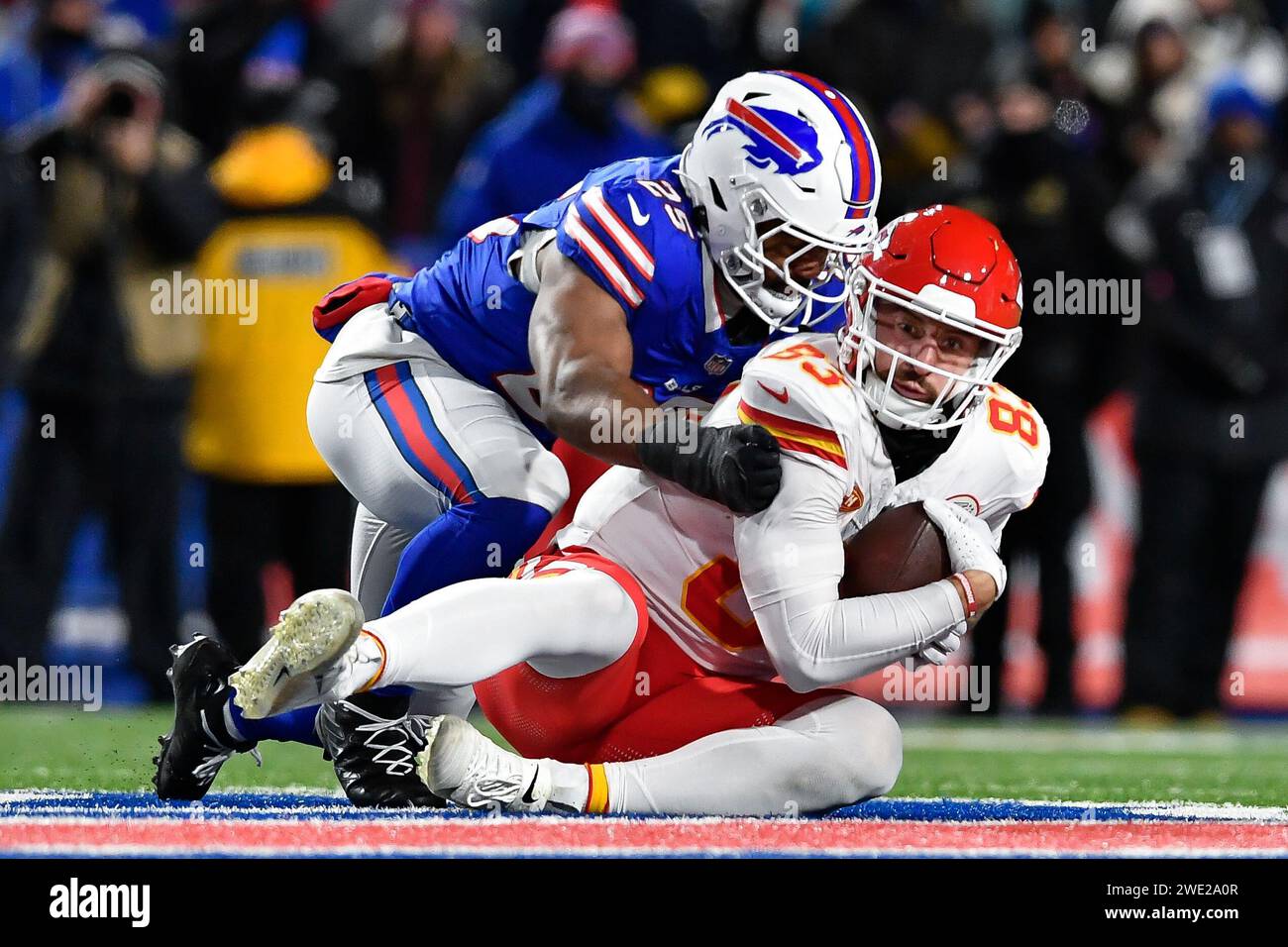 Kansas City Chiefs tight end Noah Gray (83) is tackled by Buffalo Bills ...