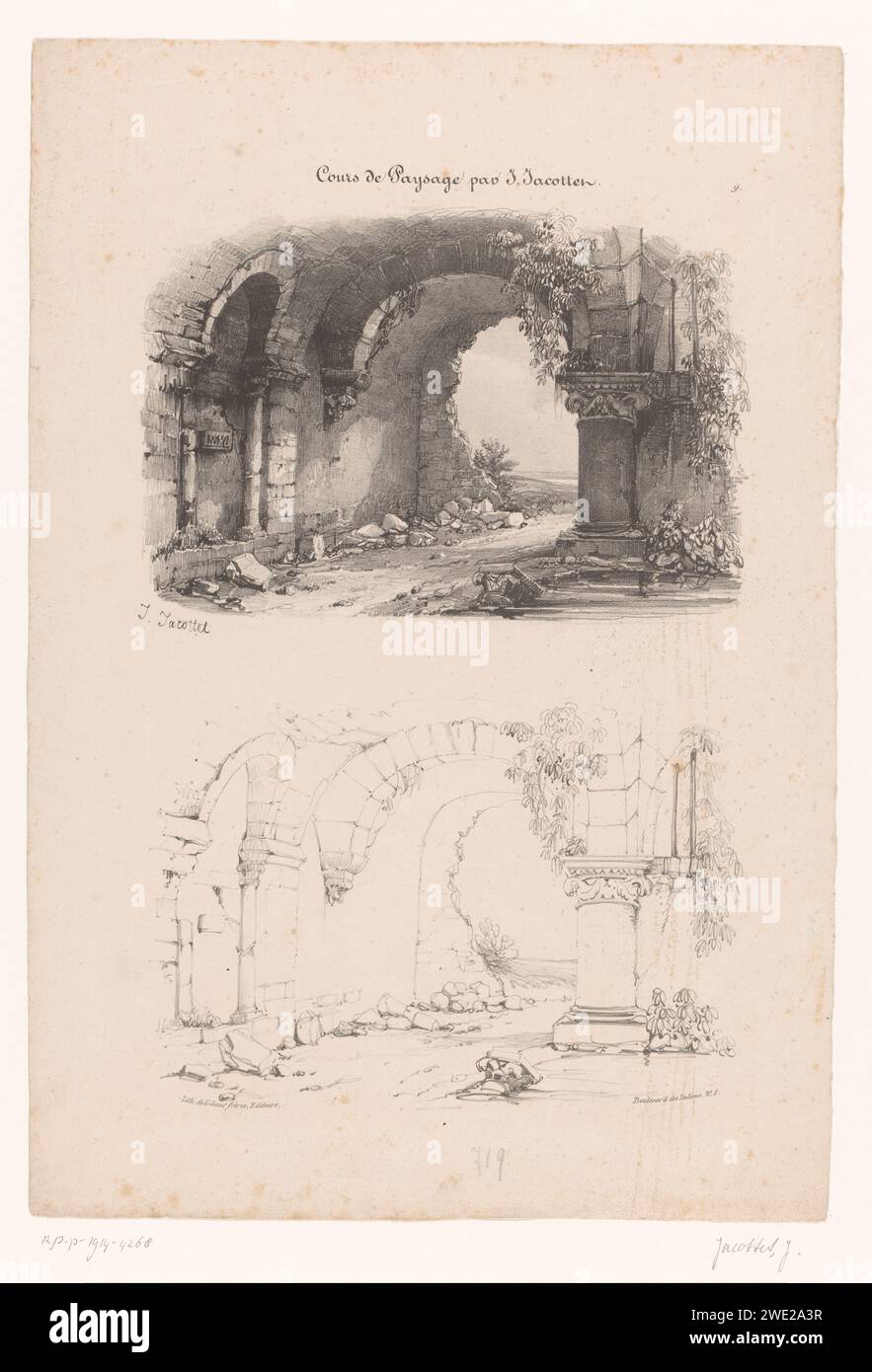 Arch vault of a ruin in two drawing steps, Louis-Julien Jacottet, 1836 ...