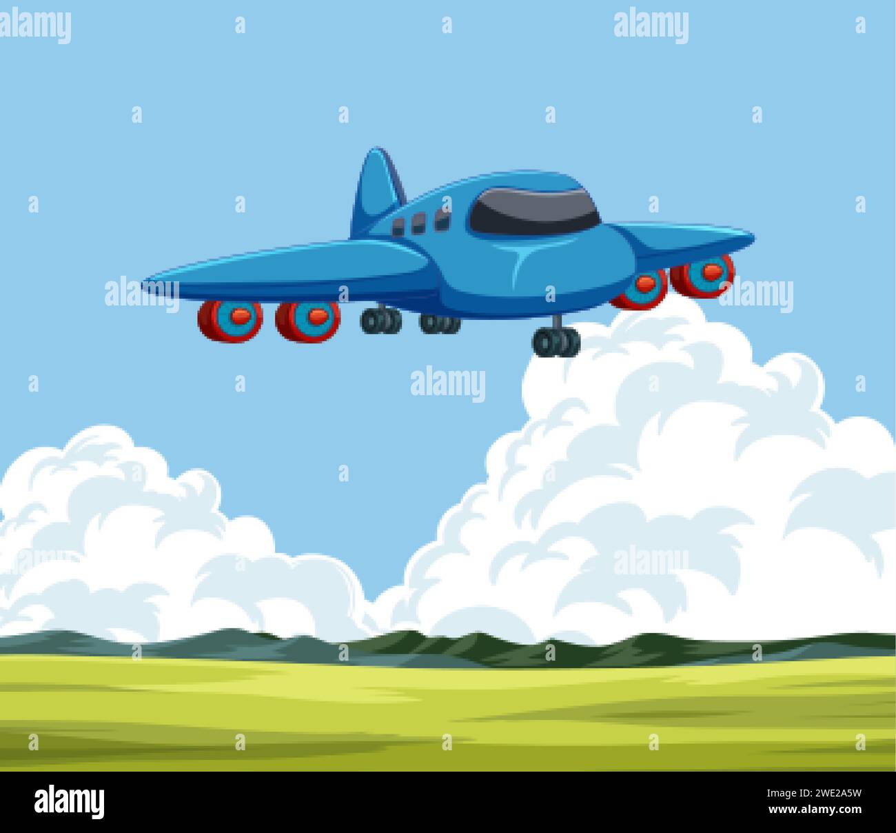 Cartoon airplane flying above green fields and clouds Stock Vector ...