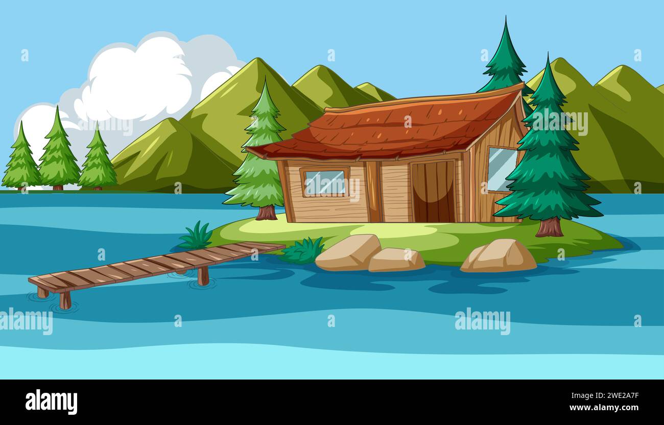 Vector illustration of a cabin by a mountain lake Stock Vector Image ...