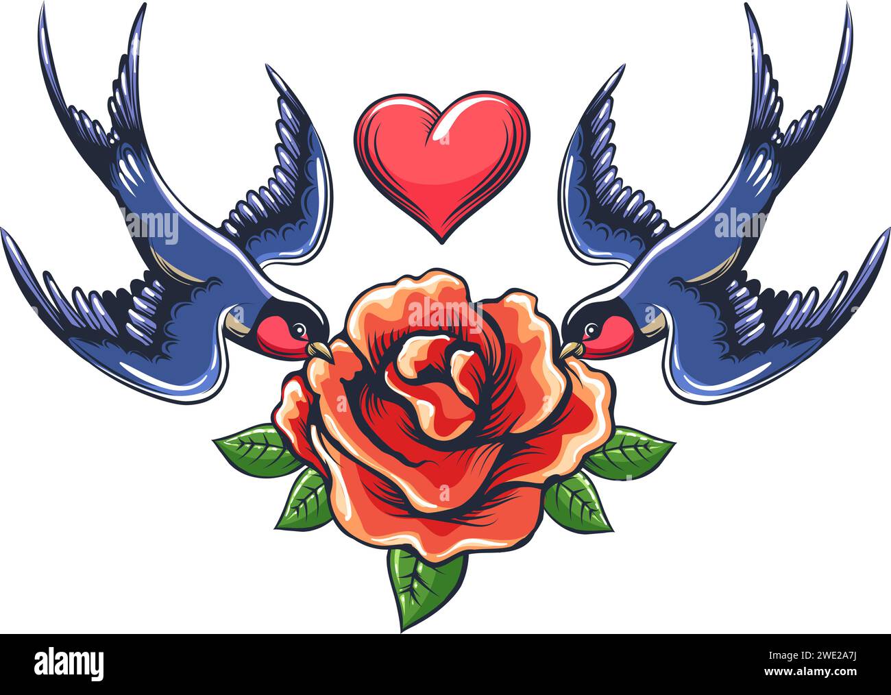 Two swallows holds rose flower Stock Vector Image & Art - Alamy