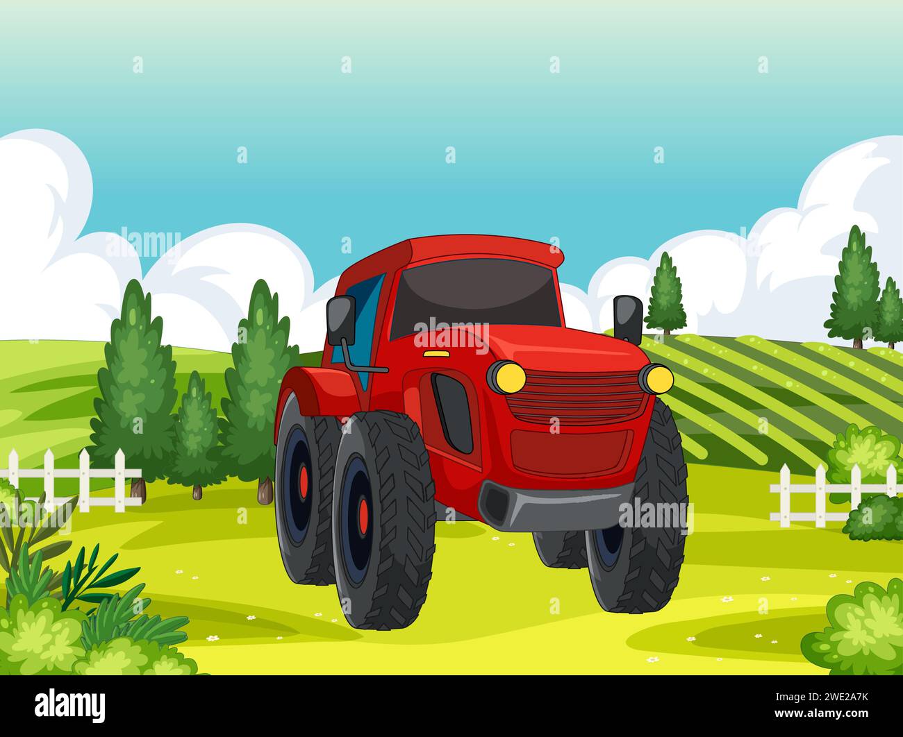 Vector illustration of a tractor on a farm landscape Stock Vector Image ...