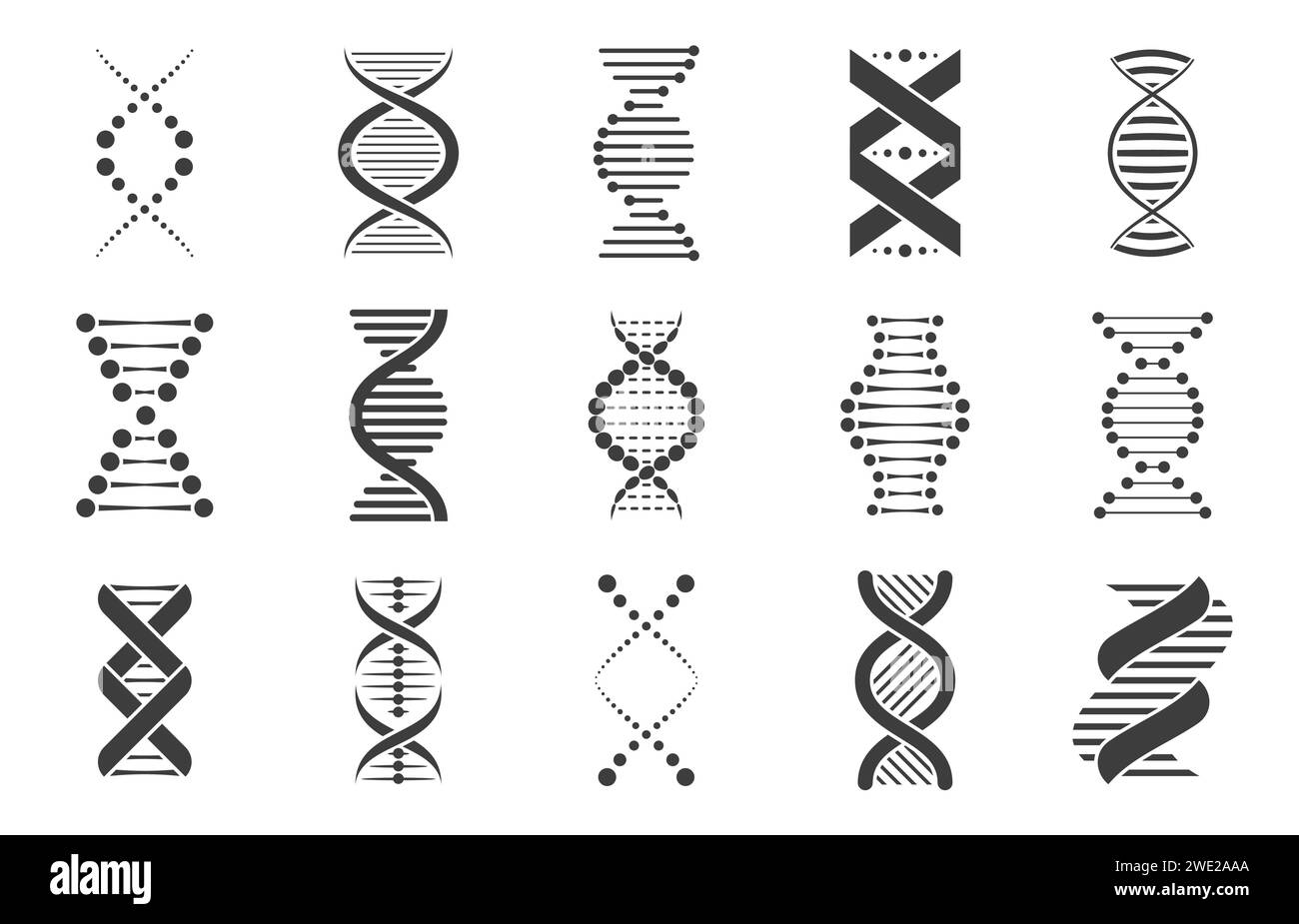Black dna icons. Biotechnology and molecular biology abstract symbols, spiral genetic molecule ...