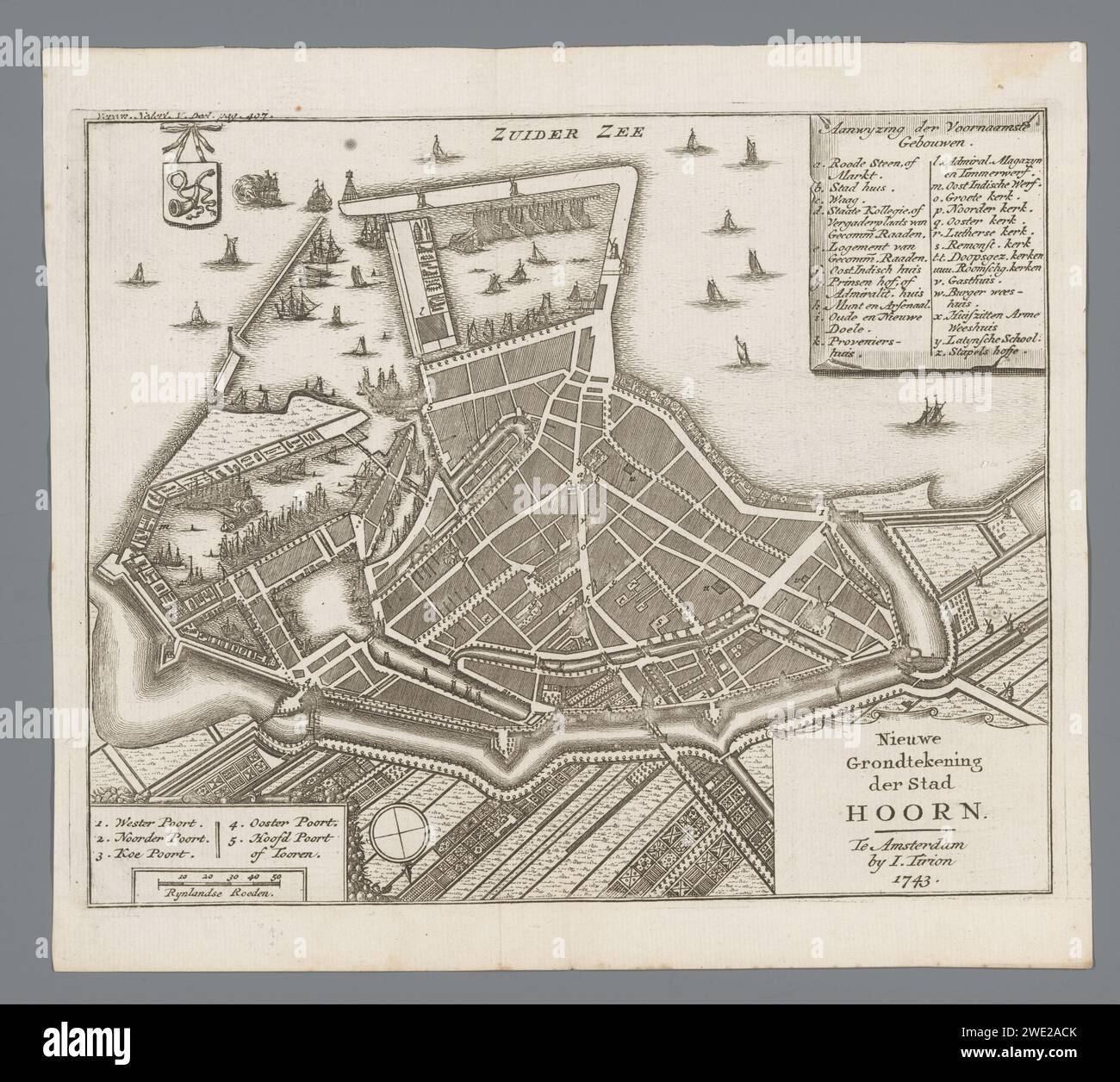 Map of the city of Hoorn, Anonymous, 1743 print Amsterdam paper etching ...