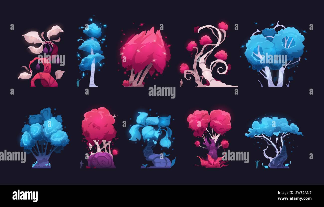 Fantastic magic trees. Cartoon alien forest with funny glowing leaves ...
