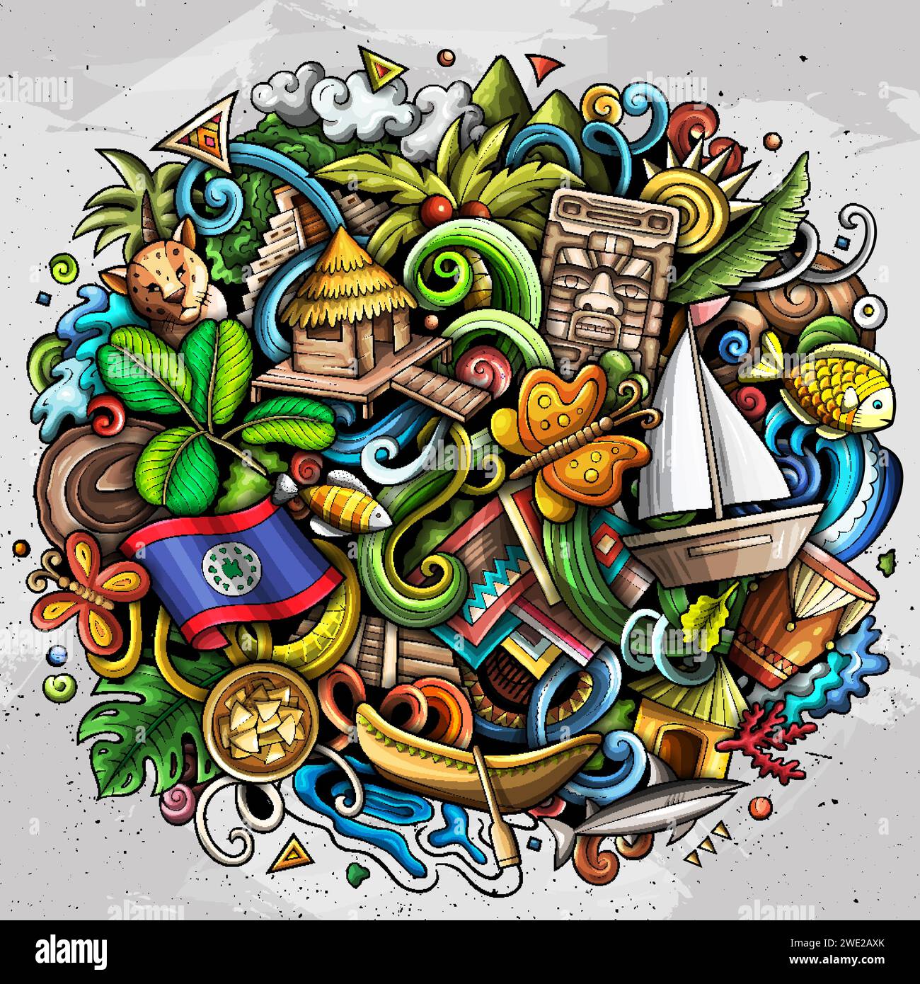 Vector funny doodle illustration with Belize theme. Vibrant and eye ...
