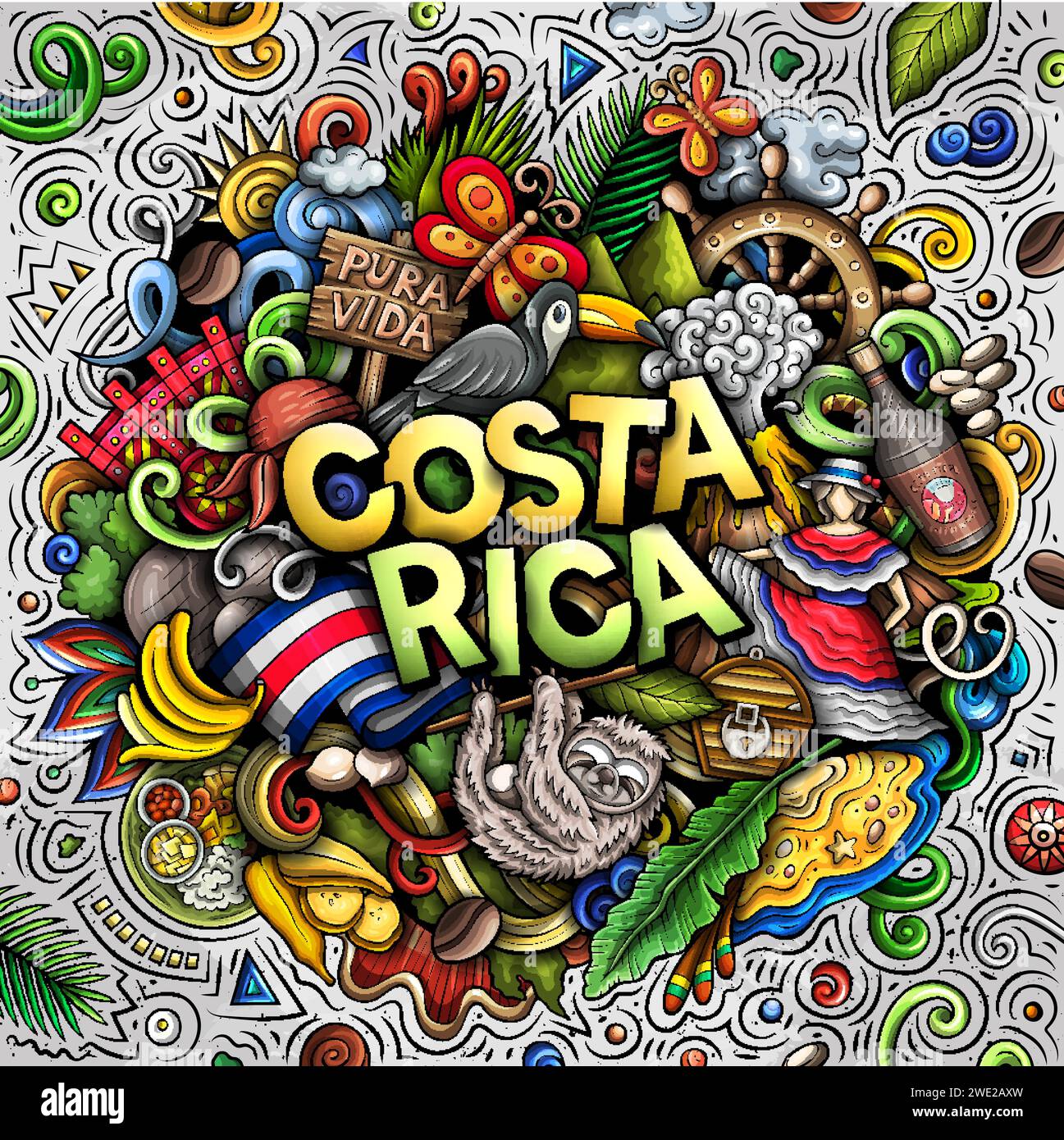Vector funny doodle illustration with Costa Rica theme. Vibrant and eye ...