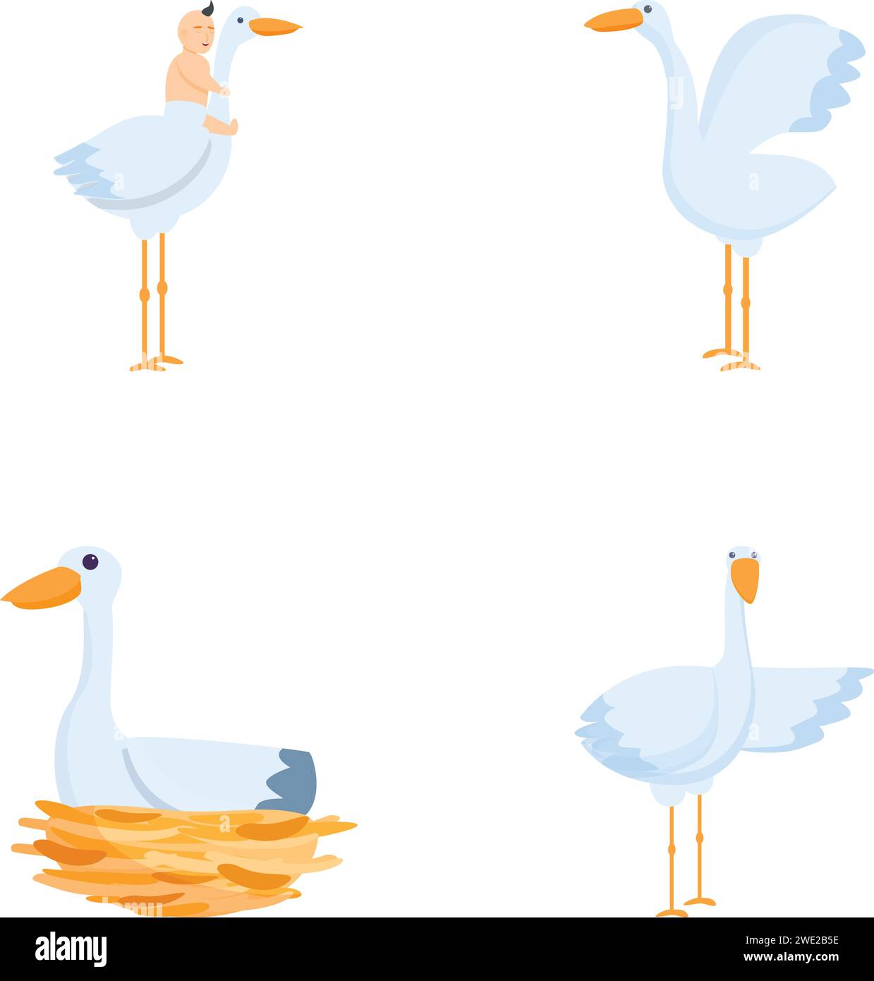 Stork icons set cartoon vector. Cute cartoon white stork. Cartoon ...