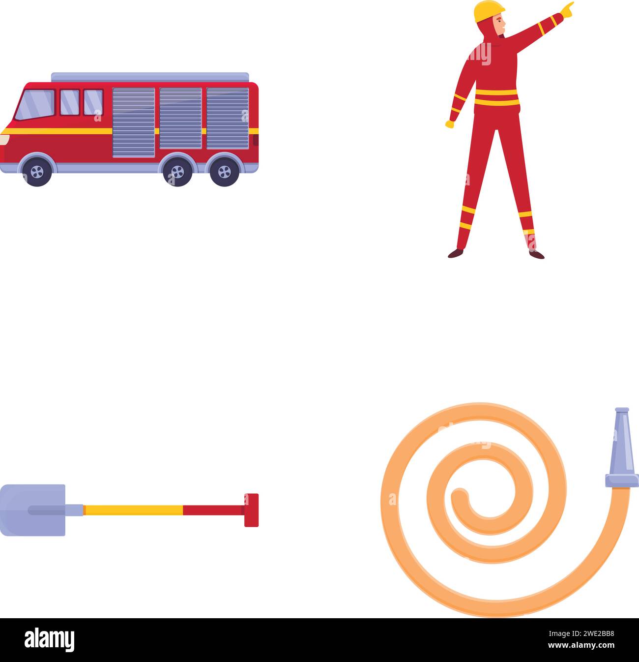 Fire service icons set cartoon vector. Firefighter with firefighting ...