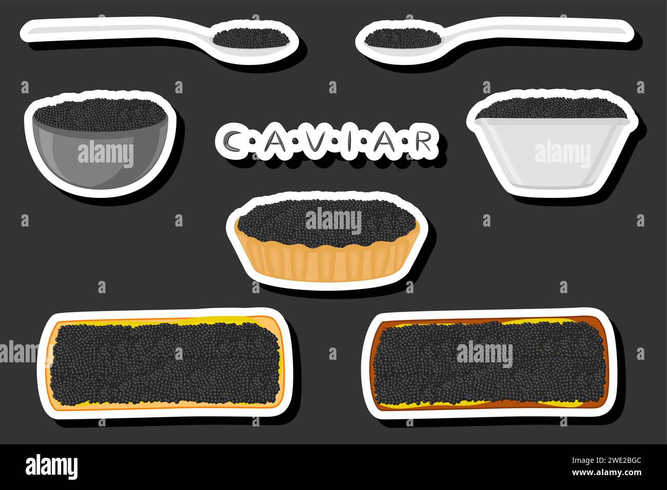 Illustration on theme big set various types fish caviar, bread ...