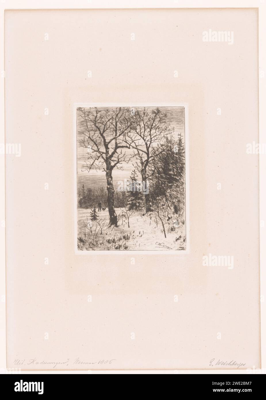 Jager in a snowy forest, Eduard Weichberger, 1886 print Weimar paper ...