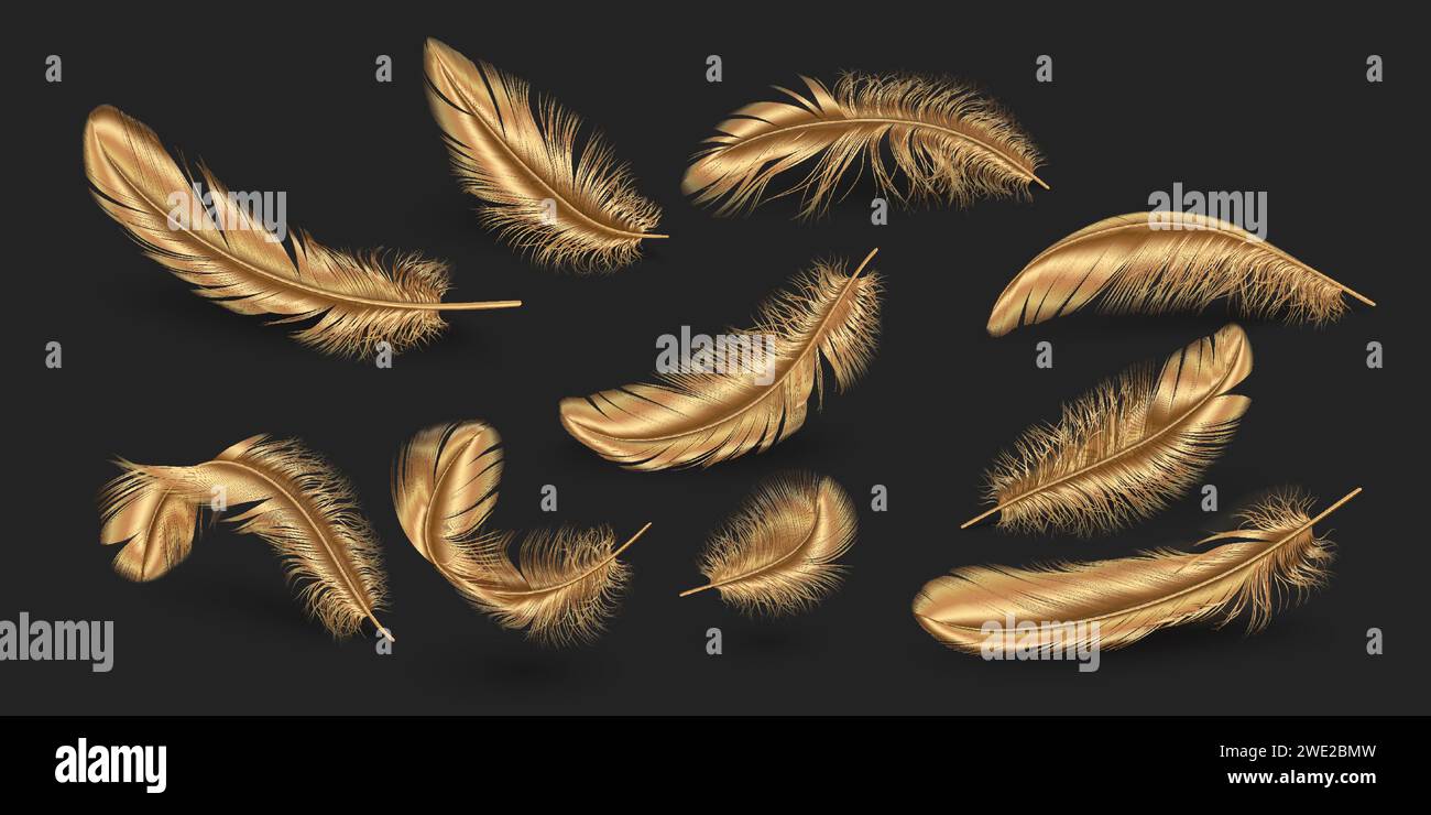 Golden scattered feathers realistic vector illustration set. Shiny ...