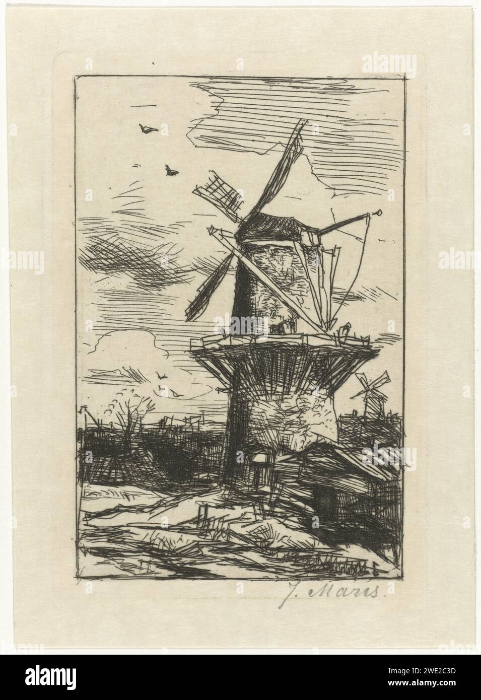 Molen, Jacob Maris, 1847 - 1899 print paper etching windmill in ...