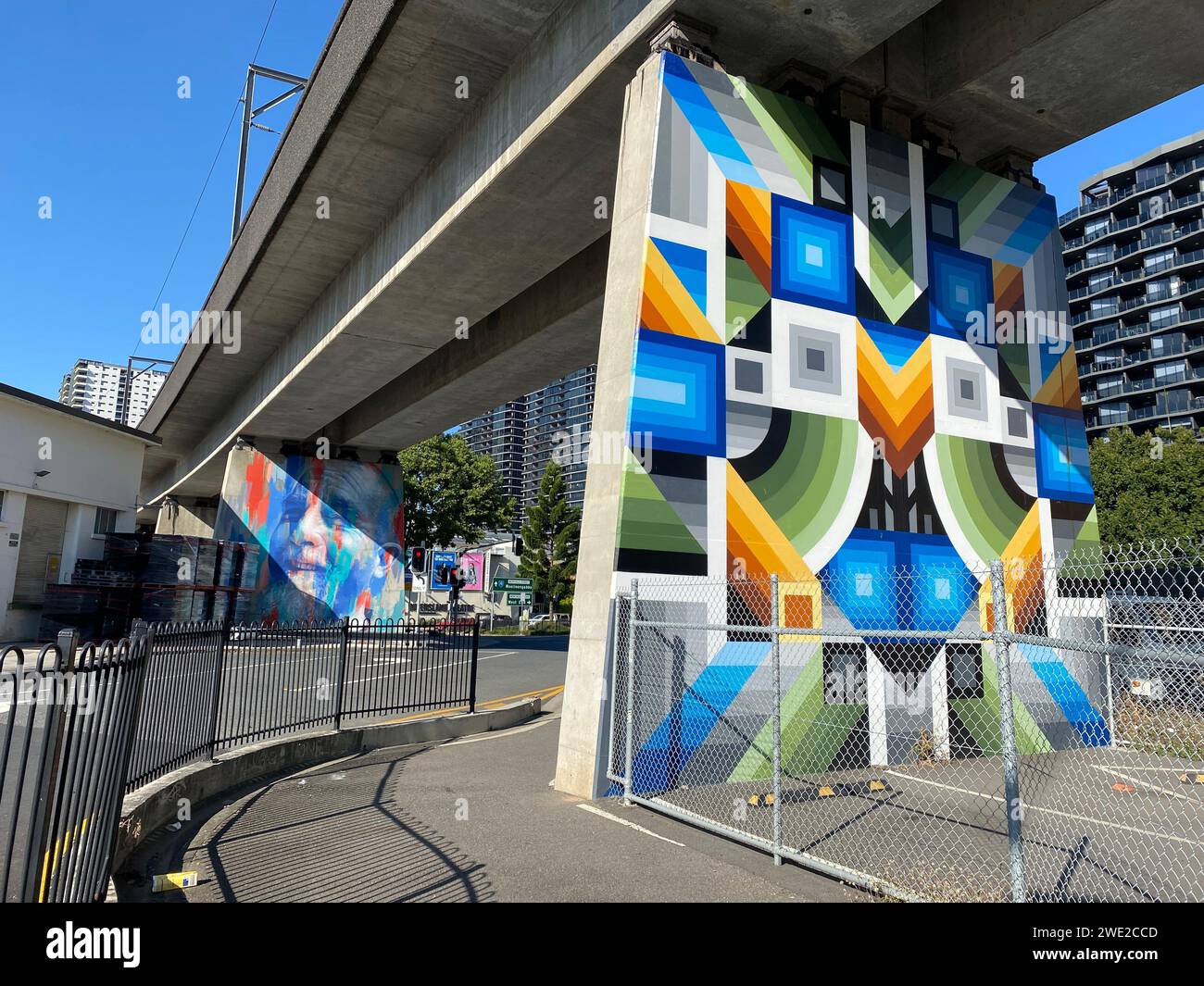 Colourful geometric street art under Merivale Bridge, Brisbane ...