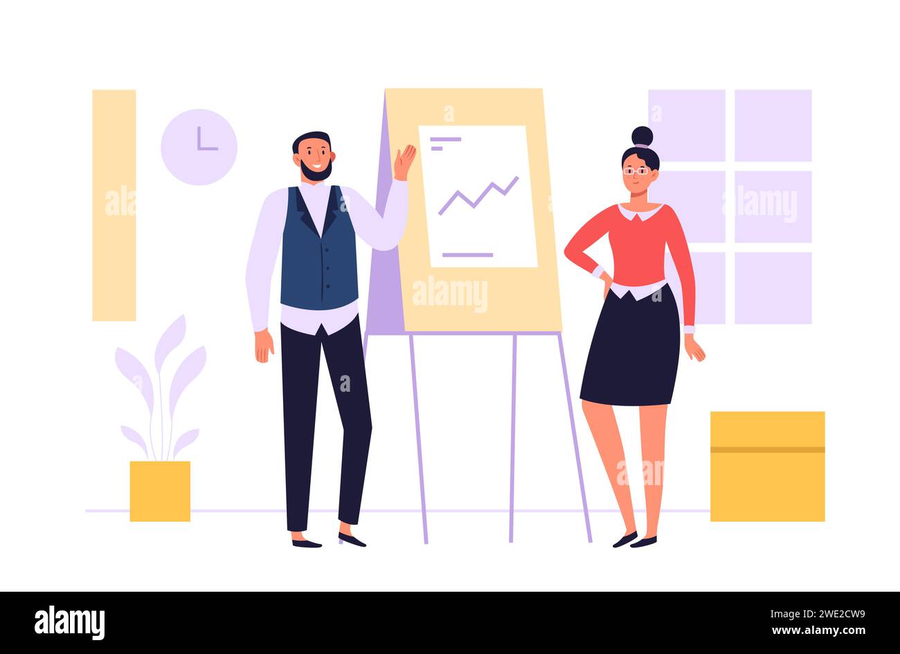 Business teamwork. Man and woman giving financial presentation. cartoon ...