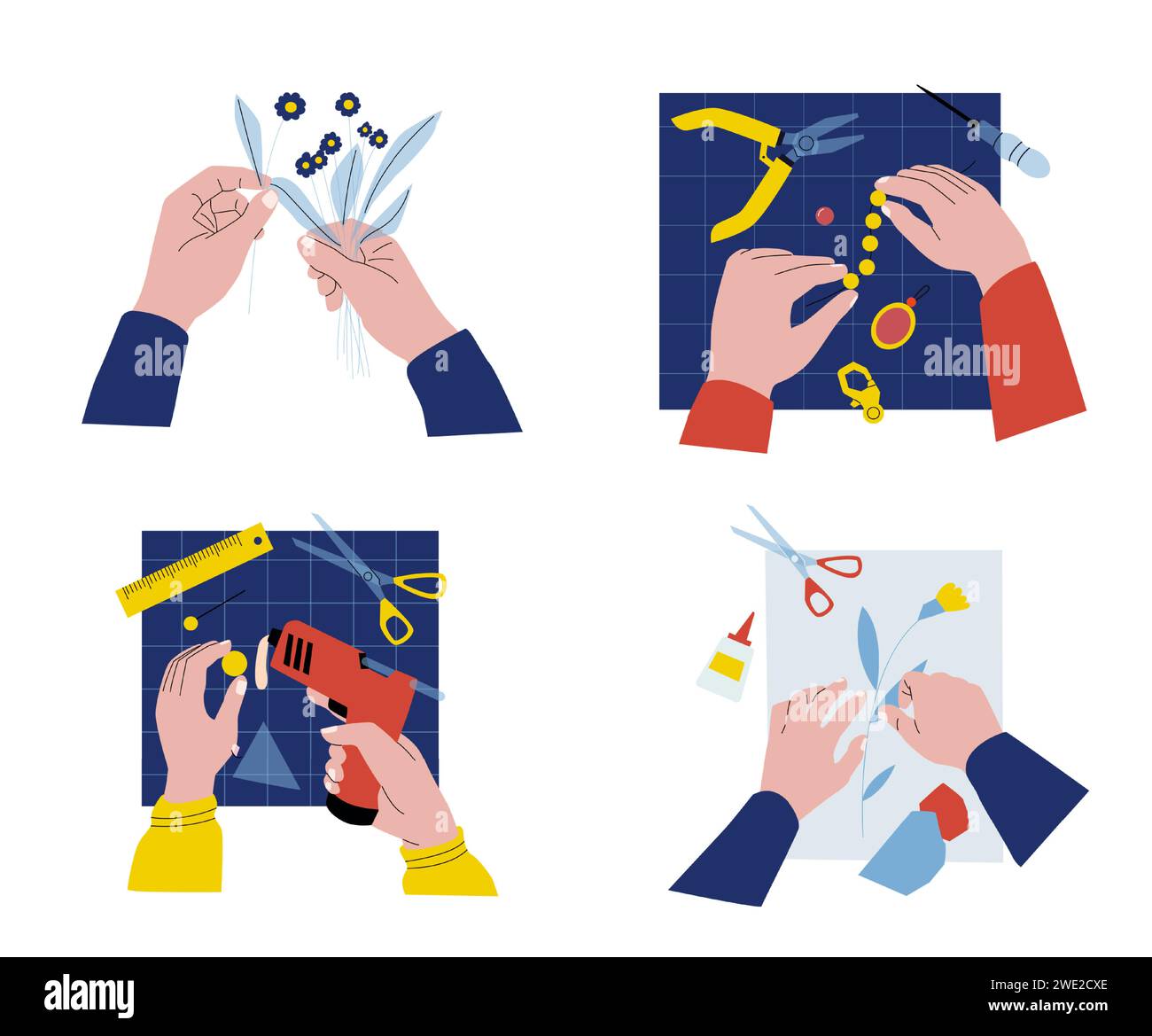 DIY handkraft. Human hands making appliques, gluing flowers, cutting ...