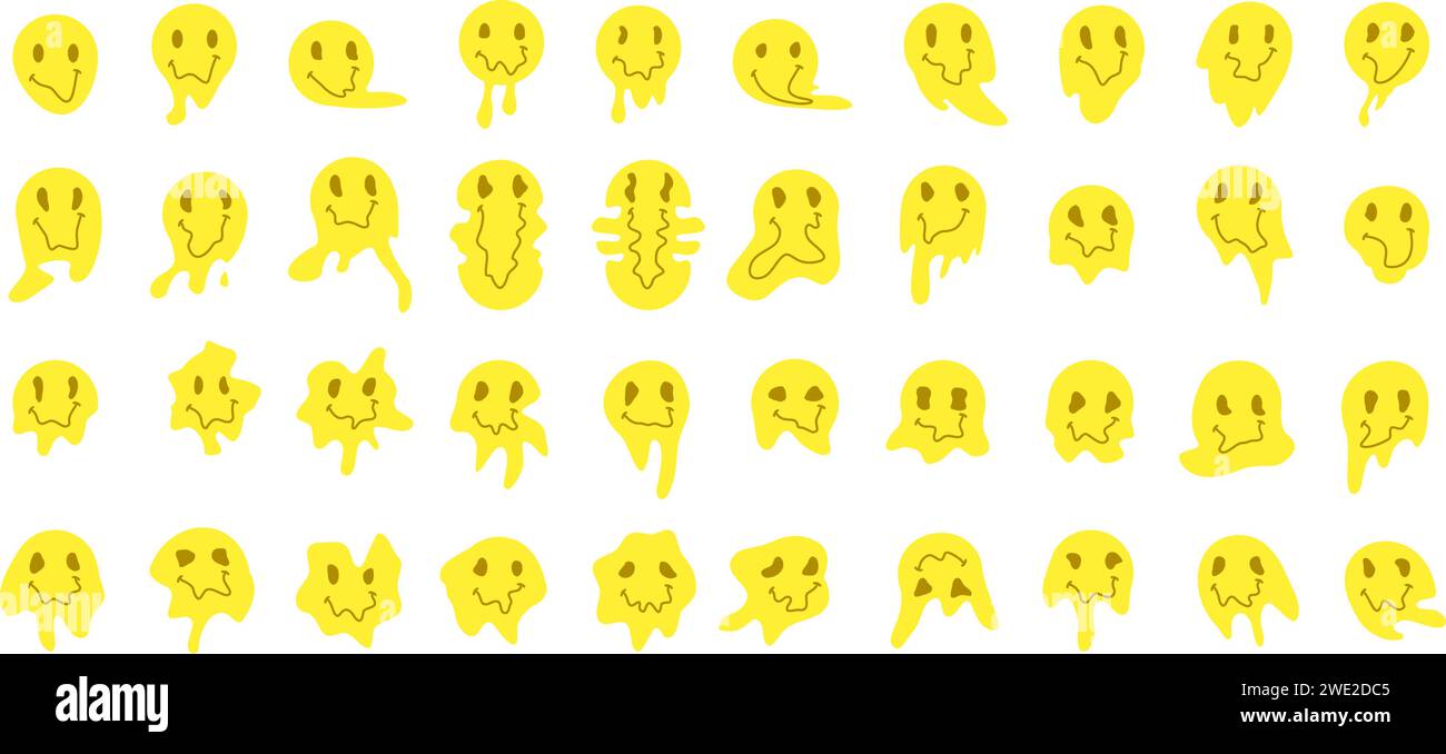Melting or dripping smile set. Psychedelic faces isolated on white ...
