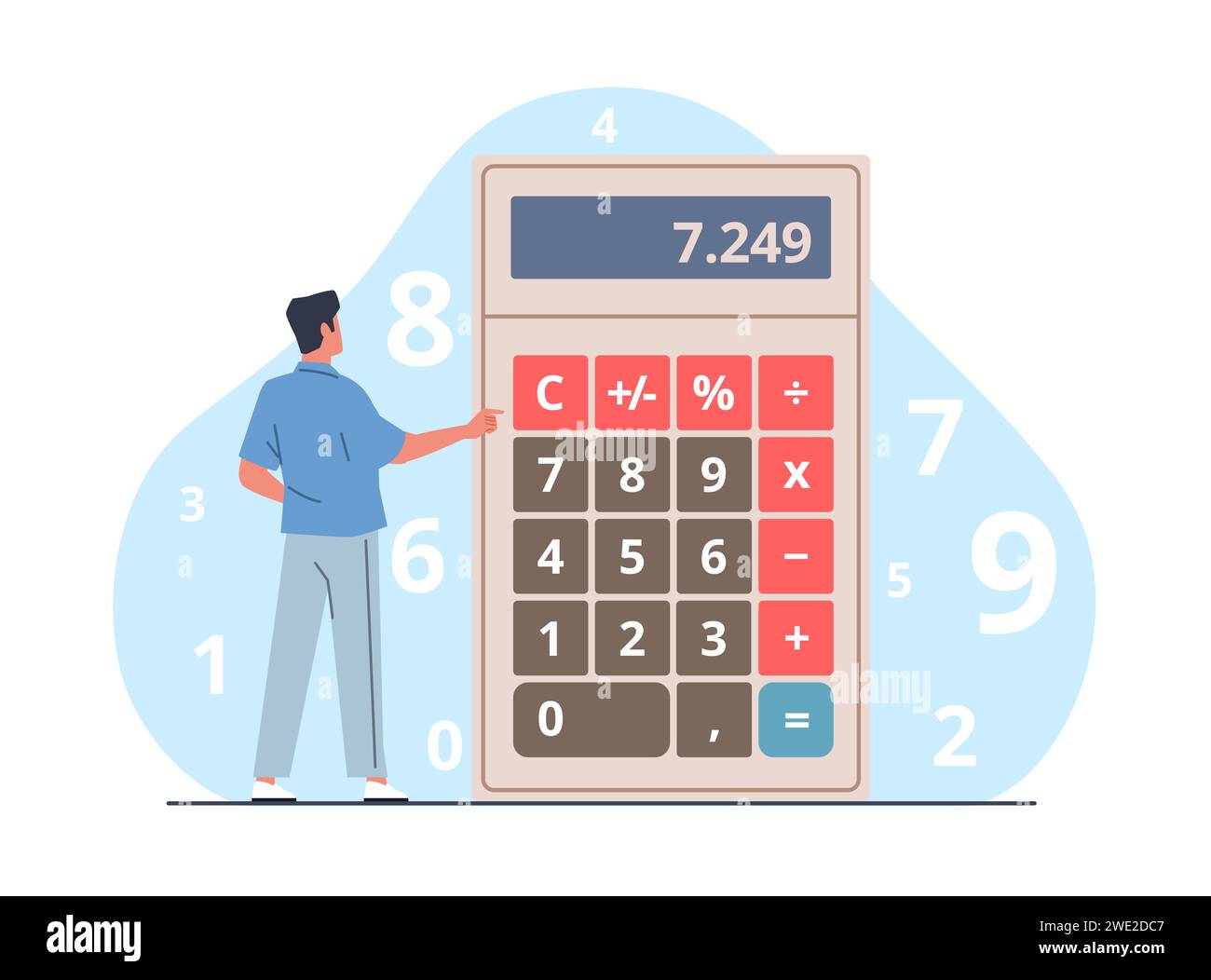 Man does math with big calculator. Mathematical calculating. Numbers ...