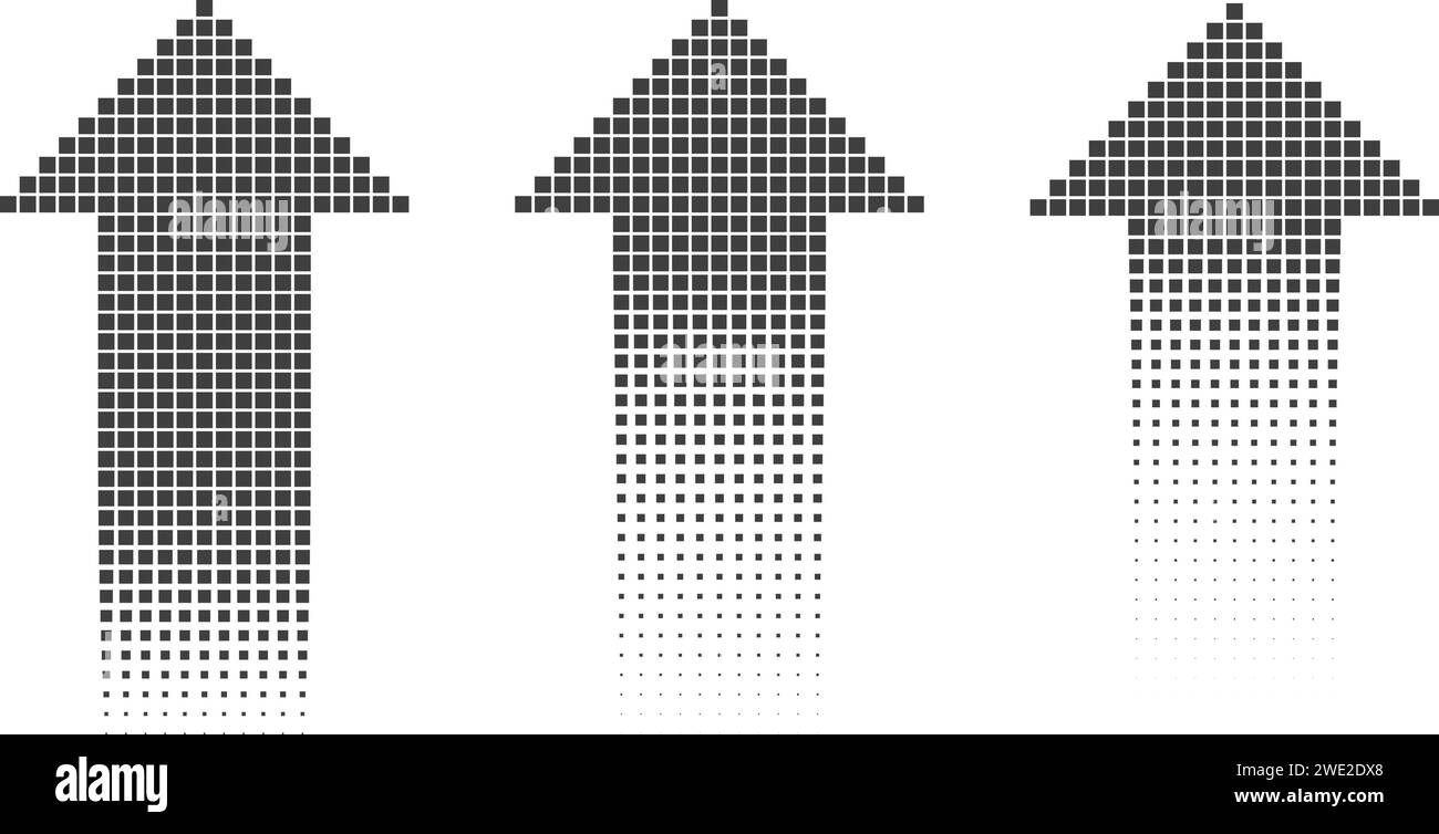 Three black halftone up arrows with pixel pattern on a white background ...