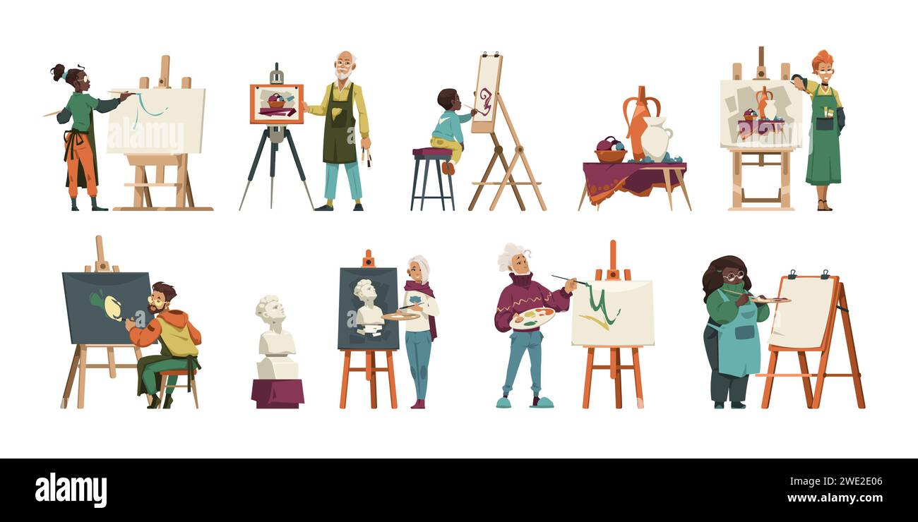 Artist characters at work. Cartoon creative artists at sketching and ...