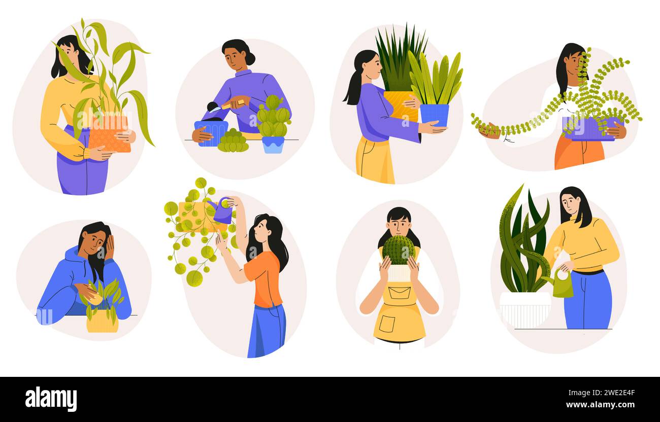 People gardening home plants. Cartoon characters cultivate flowers in ...