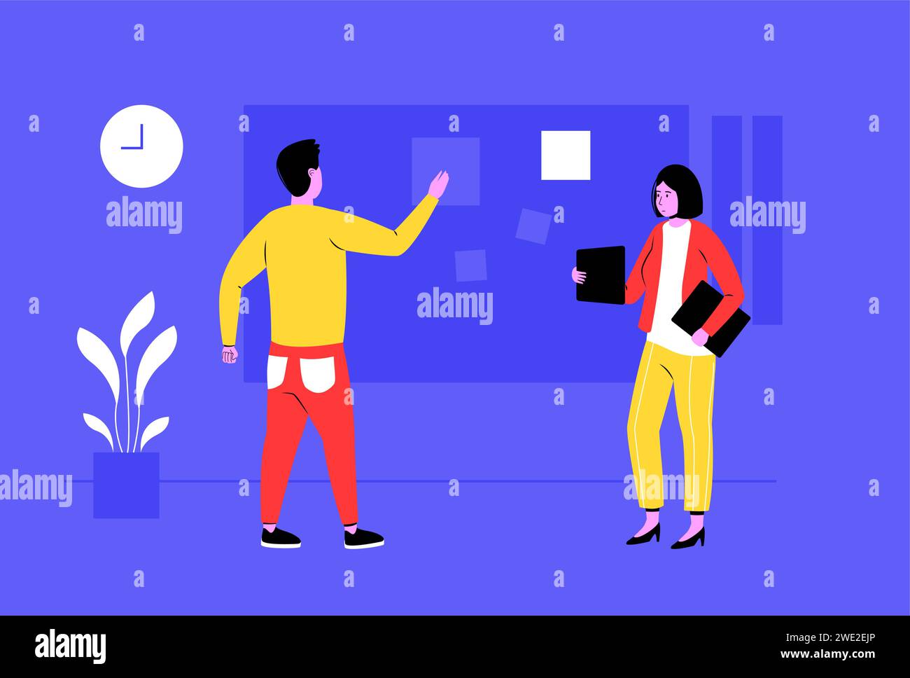 Office workers at workplace. Colleagues planning tasks, checking board ...