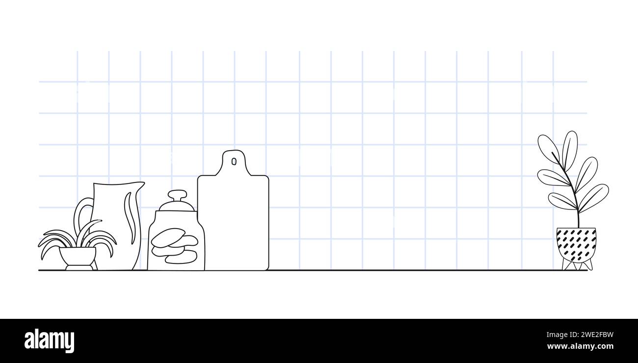 Outline kitchen interior illustration of countertop and tile wall with ...