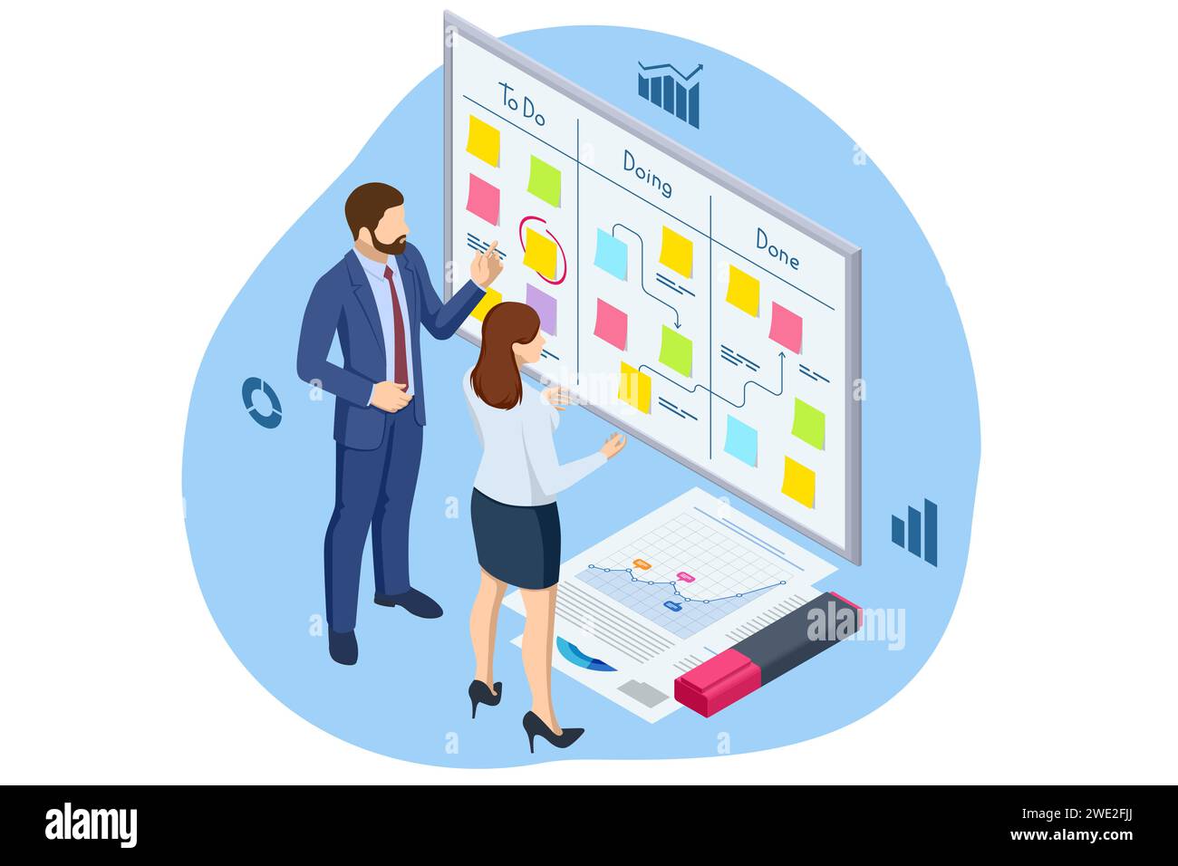 Isometric Project manager updating tasks and milestones progress ...