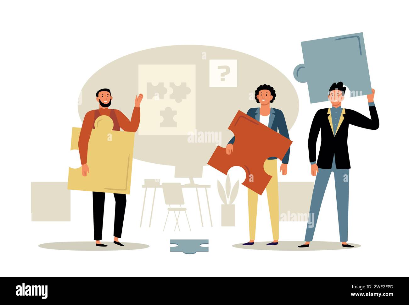 Teams working on project. Colleagues holding puzzles, office workers ...