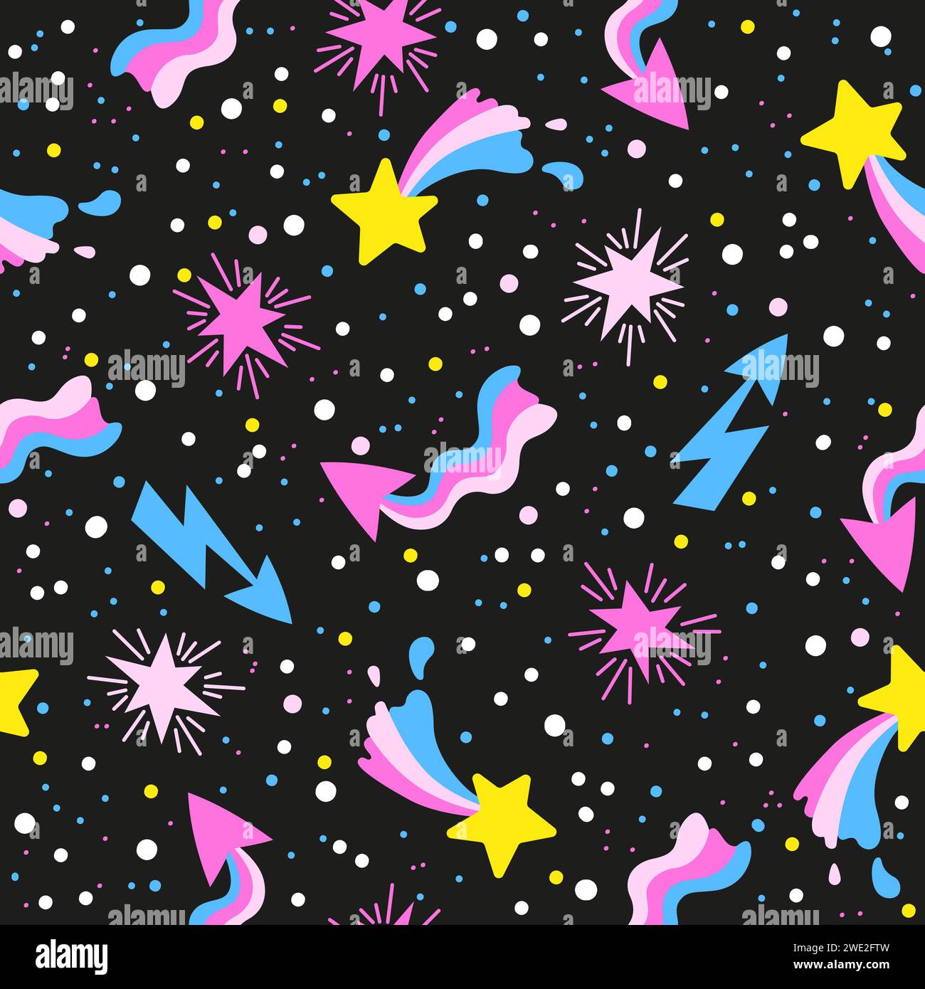 Hand drawn vector seamless pattern of neon stars and meteorites on ...