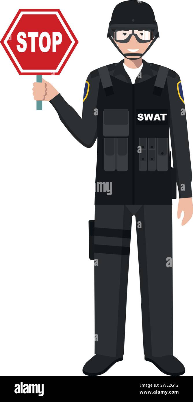 Standing SWAT Policeman Officer with Warning Sign Stop in Traditional ...